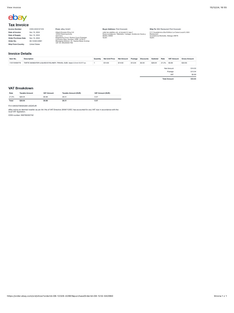 Faktura Ebay | PDF | Invoice | Value Added Tax