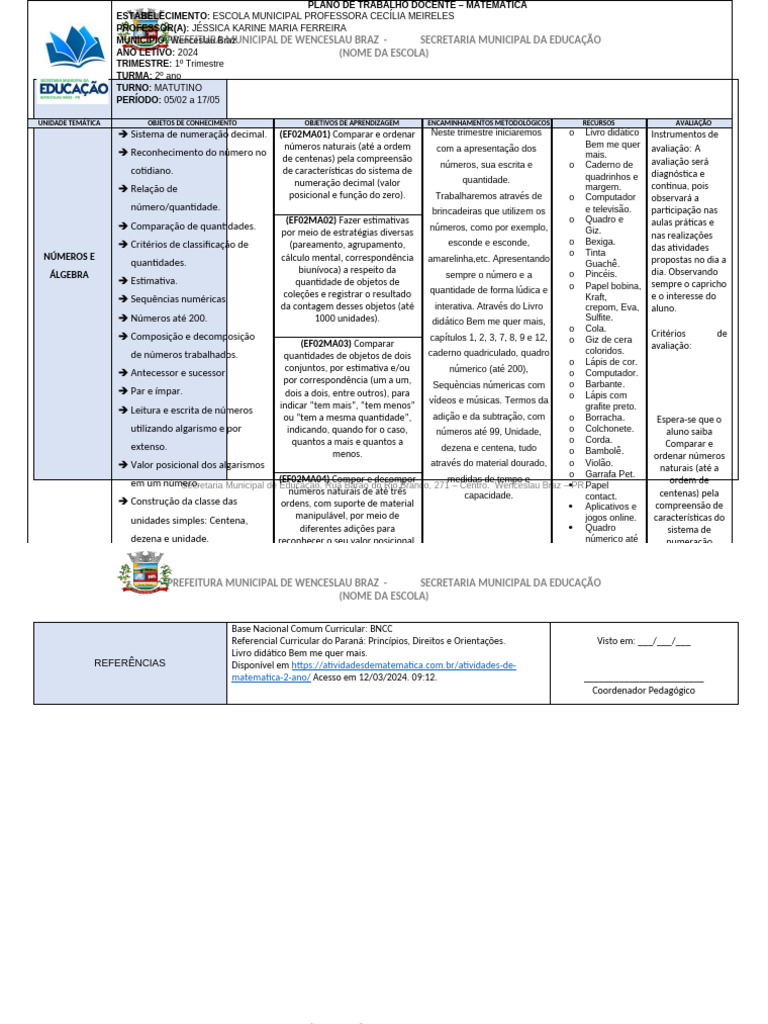 PTD JESSICA mat 1ºT - 2º ANO | PDF | Livro didático | Matemática