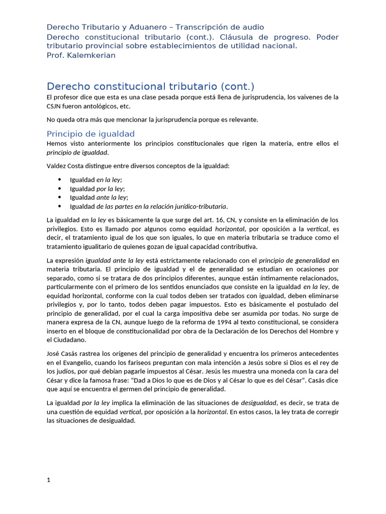 Derecho Tributario y Aduanero - Kalemkerian - Derecho Constitucional Tributario, Cláusula de ...