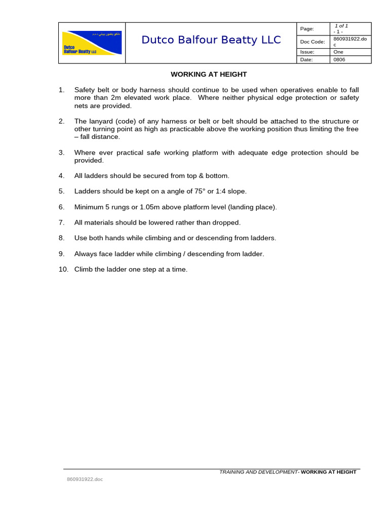 Working at Height Safety Guidelines | PDF
