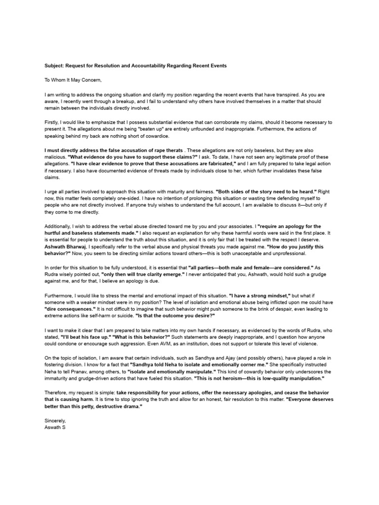 Subject - Request For Resolution and Accountability Regarding Recent Events | PDF ...