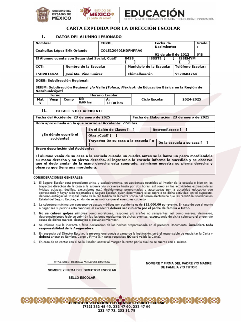 Carta Expedida Ciclo Escolar 2024-2025 | PDF