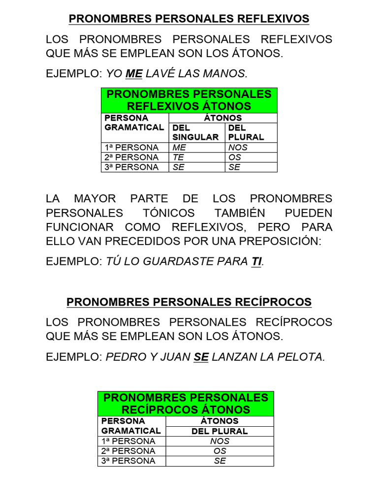 Pronombres Personales Reflexivos Menguaje y Recíprocos | PDF
