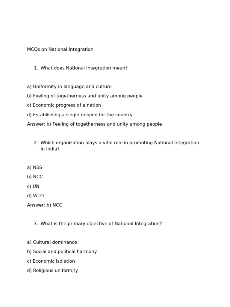 MCQ On National Integration | PDF | Multiculturalism | Minority Group