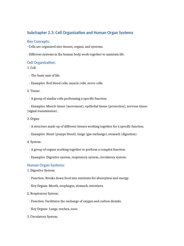 Subchapter 2 3 Cell Organization and Human Organ Systems | PDF