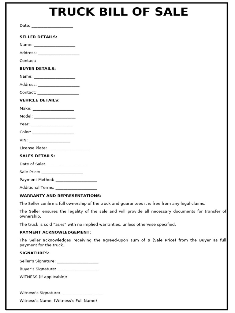 Truck Bill of Sale Template | PDF