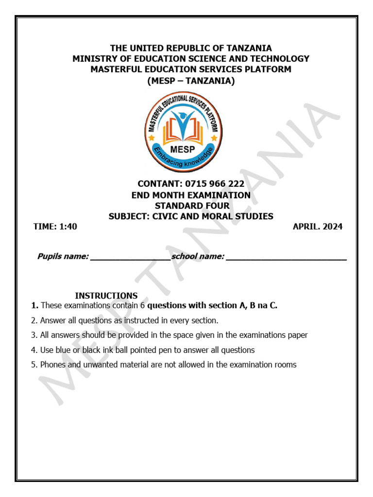 Mesp-Tanzania STD Iv April End Month Exam | PDF | Atmosphere Of Earth ...