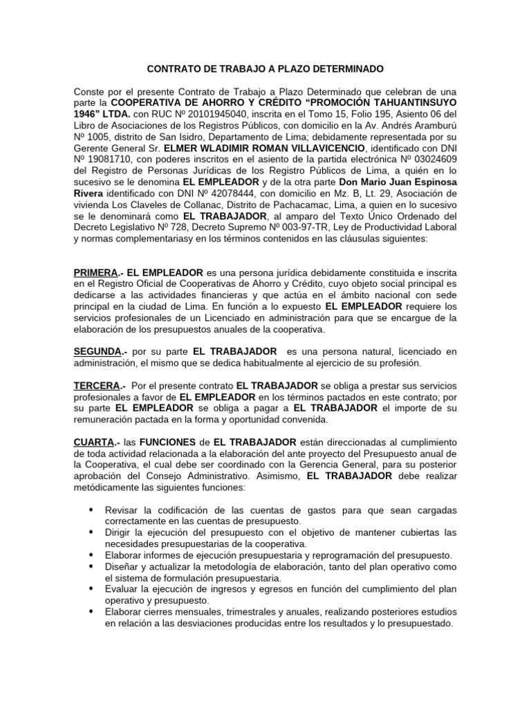 Contrato de Trabajo A Plazo Determinado | PDF | Presupuesto | Contabilidad