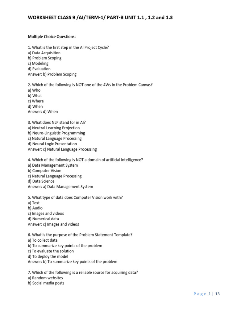 Class-9_AI Term-1_Revision Worksheet Part-B Unit 1.1,1.2,1.3 | PDF | Artificial Intelligence ...