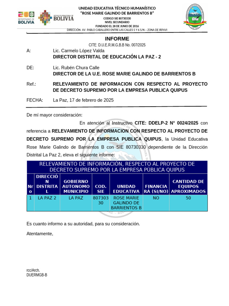 Informe 007 - 2025 - Relevamiento de Informacion Quipus | PDF