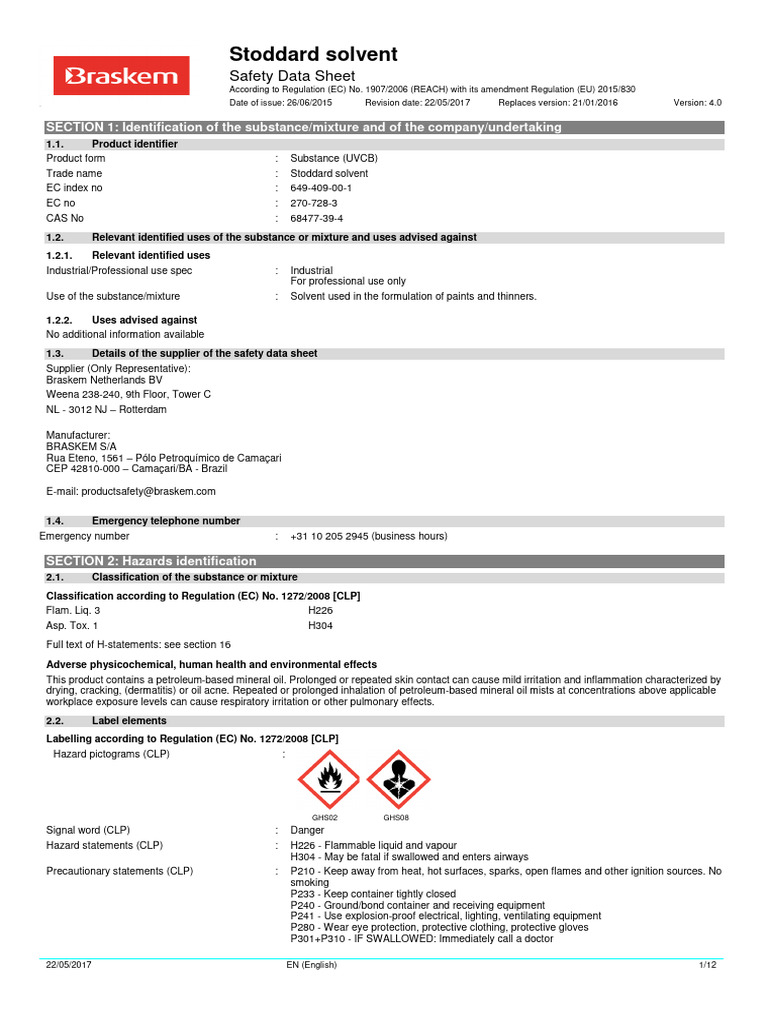 SDS Stoddard Solvent - en EU | PDF | Magnesium | Toxicity