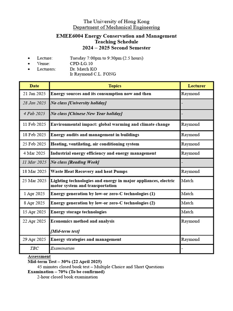 EMEE6004 Teaching Schedule 2024-25 2nd Semester For Posting To Moodle | PDF
