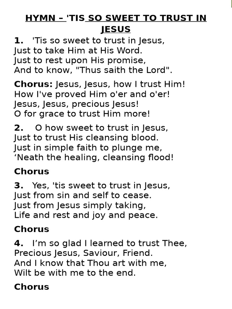 'Tis So Sweet to Trust in Jesus Lyrics | PDF