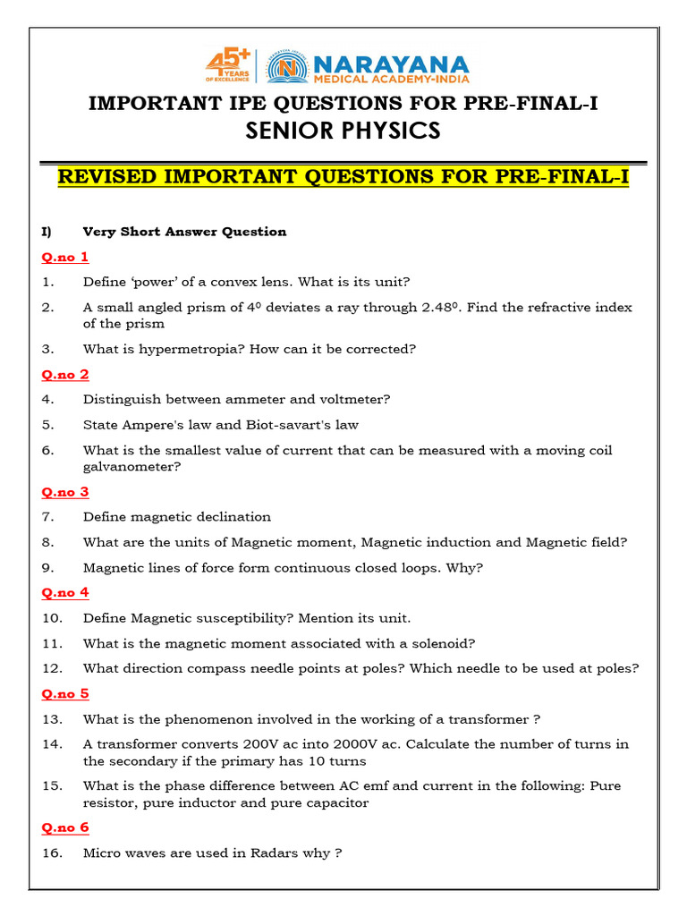 REVISED SR BIPC IPE IMPORTANT QUESITON LIST PHYSICS | PDF | Electron | Magnetic Field