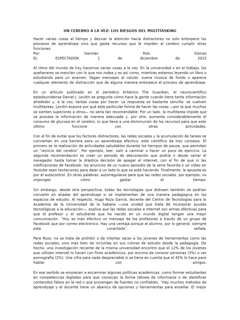 La Multitarea | PDF | Internet | Aprendizaje