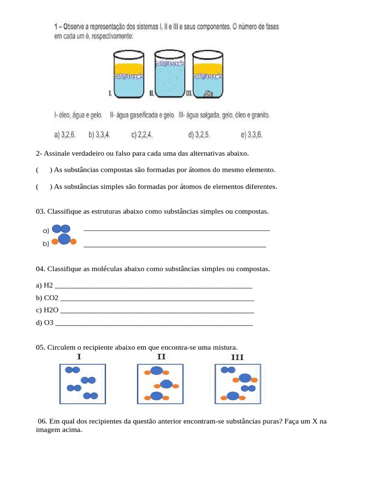 Atividade Sustâncias e Misturas 6 Ano | PDF