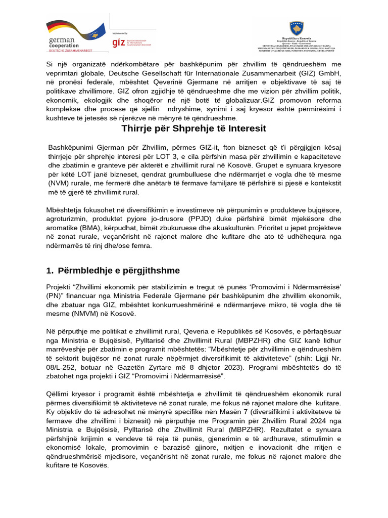 Thirrje Për Shprehje Të Interesit: 1. Përmbledhje e Përgjithshme | PDF