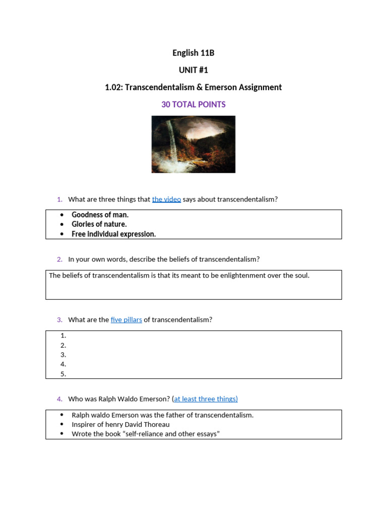 1.02 Transcendentalism & Emerson Assignment-1 | PDF | Transcendentalism ...