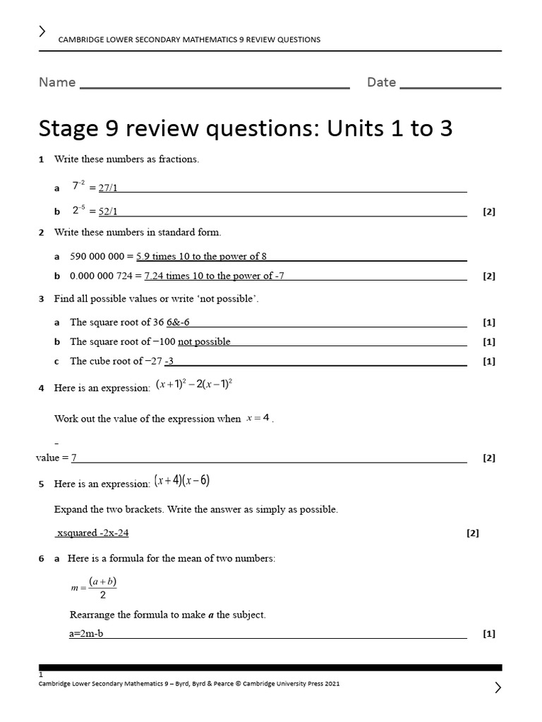 Year 9 Unit 1-3 Review Questions - Week 2 | PDF | Area | Mathematical ...