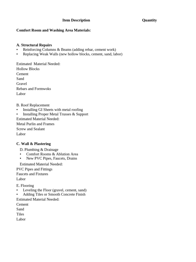 Comfort Room Construction Estimate | PDF