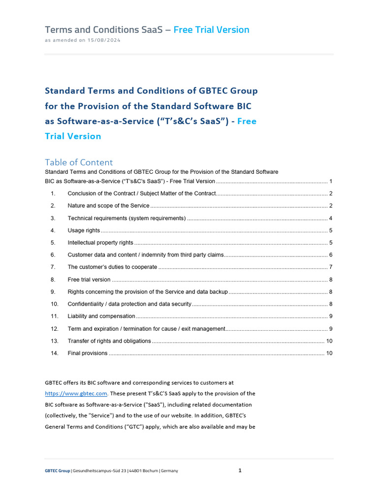 GBTEC SaaS Free Trial Terms & Conditions | PDF | License | Contractual Term