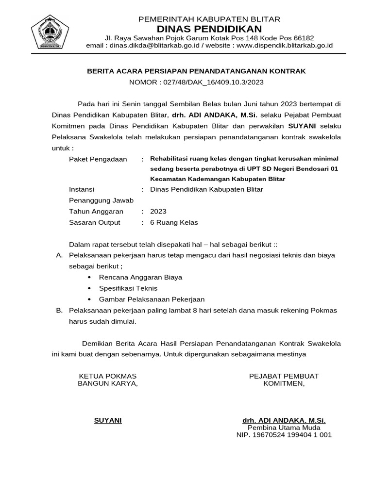 10 Berita Acara Persiapan Penandatanganan Kontrak Dak 23 | PDF