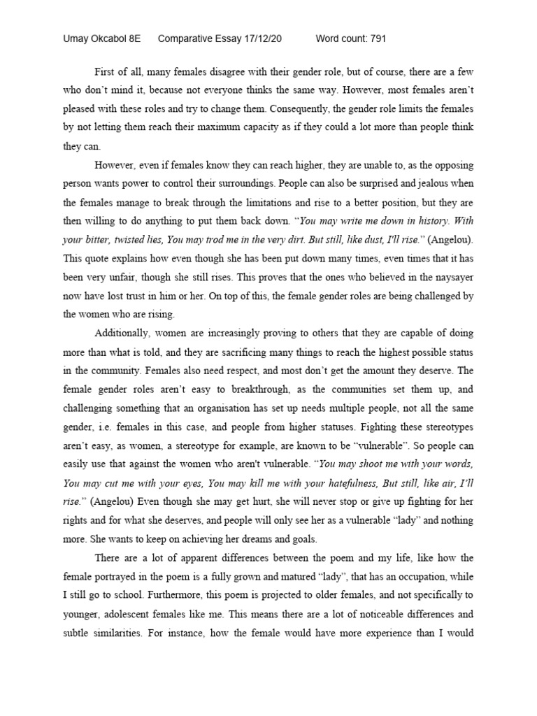 Umay - Comparative Essay Summative | PDF | Gender Role | Behavioural Sciences