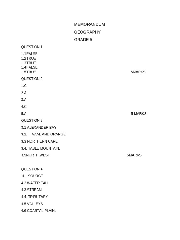 Grade 5 Geography Memorandum | PDF