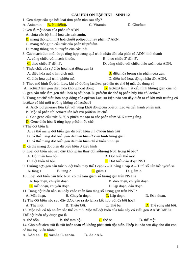 Dương Làm Đề Cương Chi Tiết HKI Sinh 12 | PDF