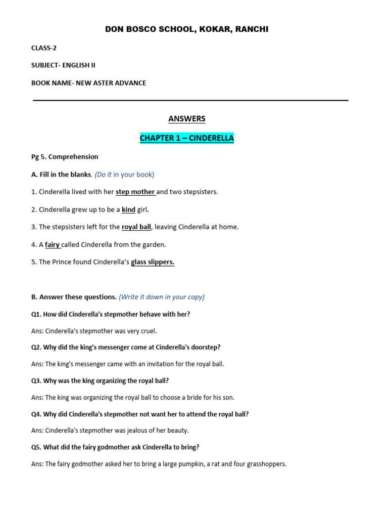 Class 2 English Aster Chapter 1, 2 & 3 Solutions | PDF | Cinderella