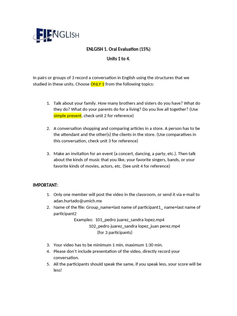 ENGLISH 1 Oral Evaluation Units1-4 | PDF | Learning | Linguistics