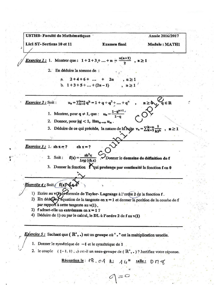 5 Examens Corrigés de Math - L1 - S1 - USTHB | PDF