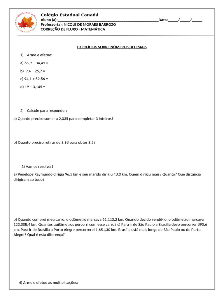 Atividade Sobre Operações Com Decimais | PDF