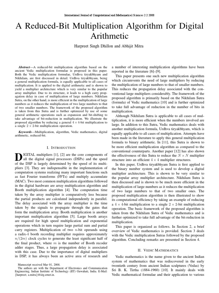 A Reduced-Bit Multiplication Algorithm For Digital Arithmetic | PDF | Multiplication | Digital ...