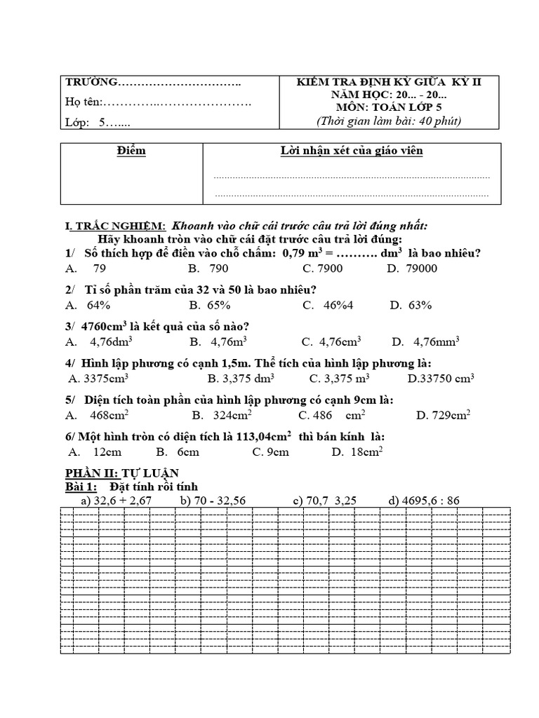 0 Đề thi GK2 Toán lớp 5 | PDF