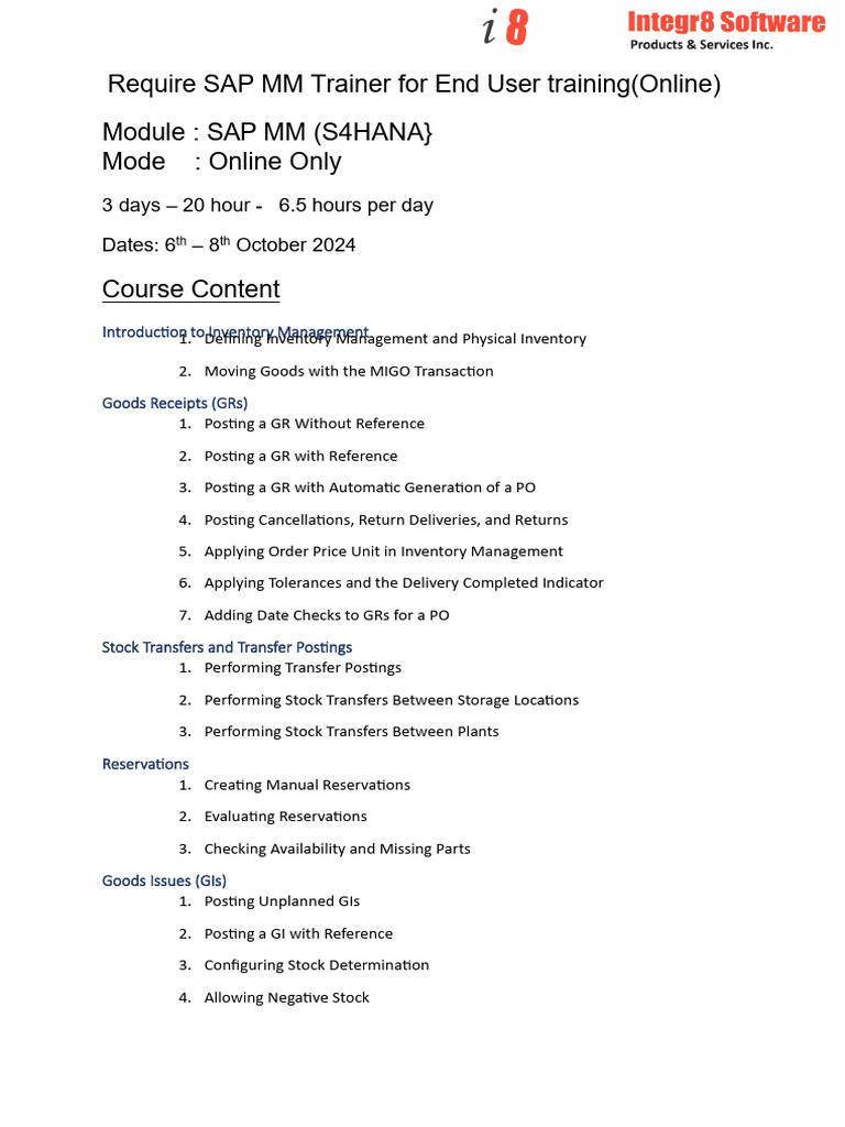 End User Course Curriculum For SAP S4HANA MM | PDF