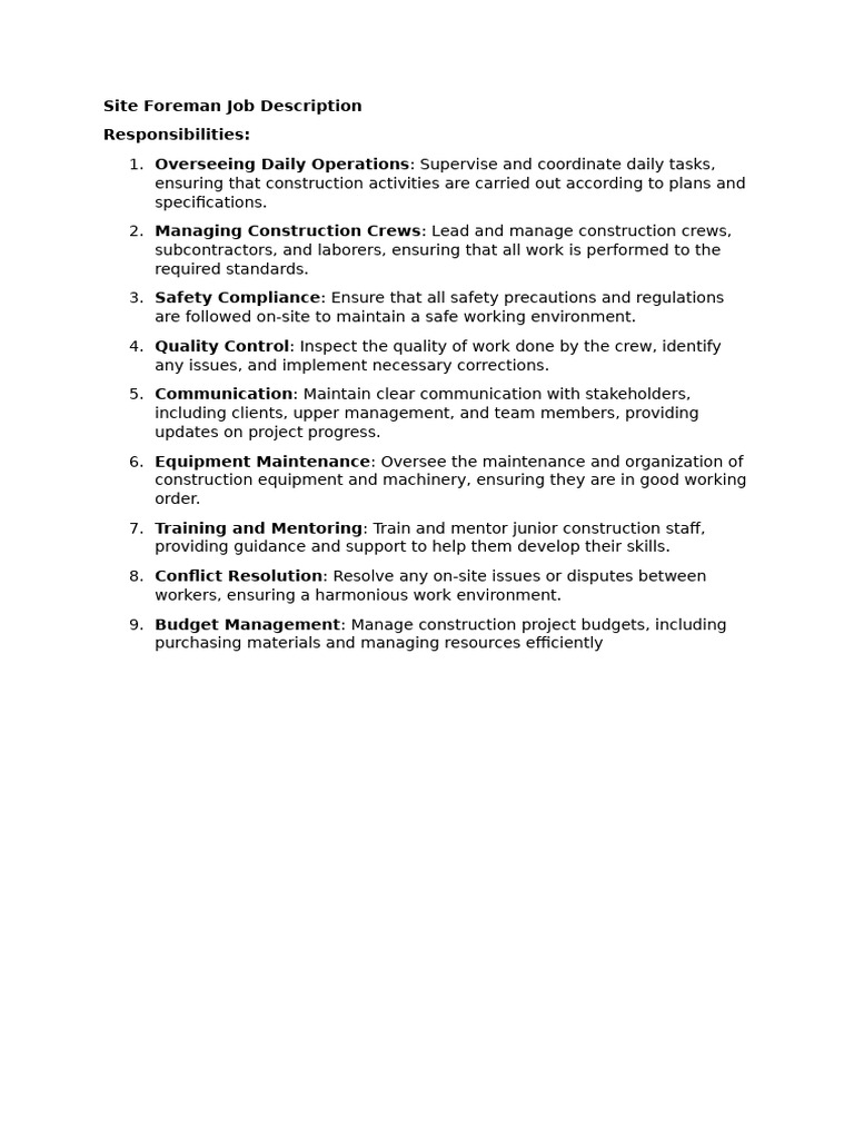 Site Foreman Responsibilities Overview | PDF
