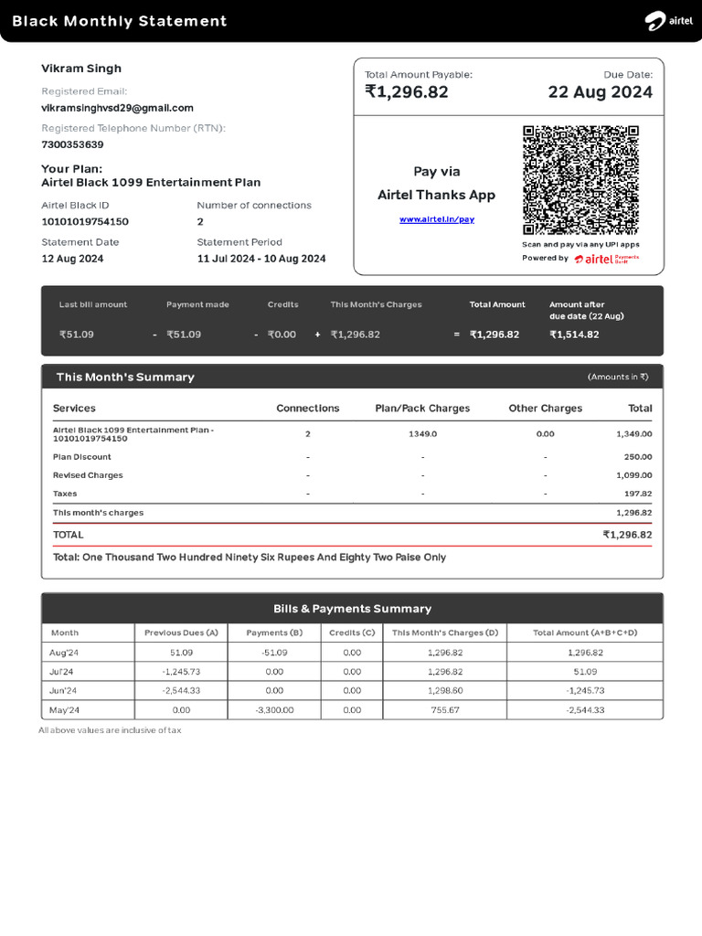 Aug Wifi Bill | PDF