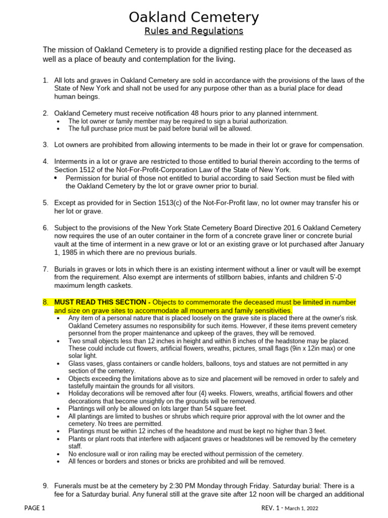 Oakland Cemetery Rules and Regulations | PDF | Cemetery | Burial
