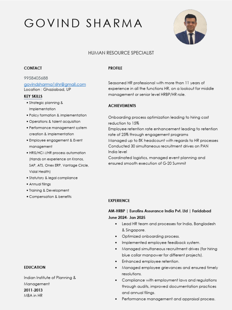 GOVIND SHARMA CV_JAN 2025 | PDF | Human Resource Management | Employee Retention