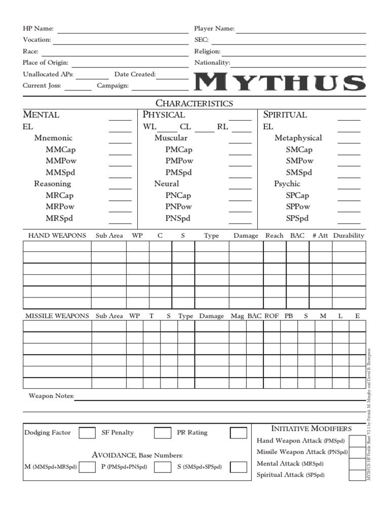 Mythus Character Sheets 002 | PDF | Biomechanics | Animal Locomotion