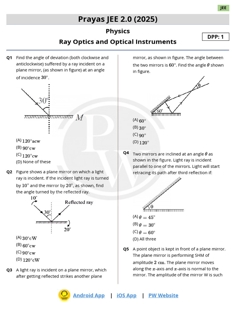 Ray Optics and Optical Instrument DPP 01 of Lec 06 Prayas JEE 2 | PDF | Mirror | Angle