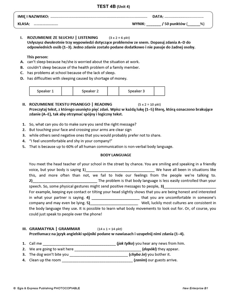 Unit 4B Test: Listening, Reading, Grammar | PDF | Body Language ...