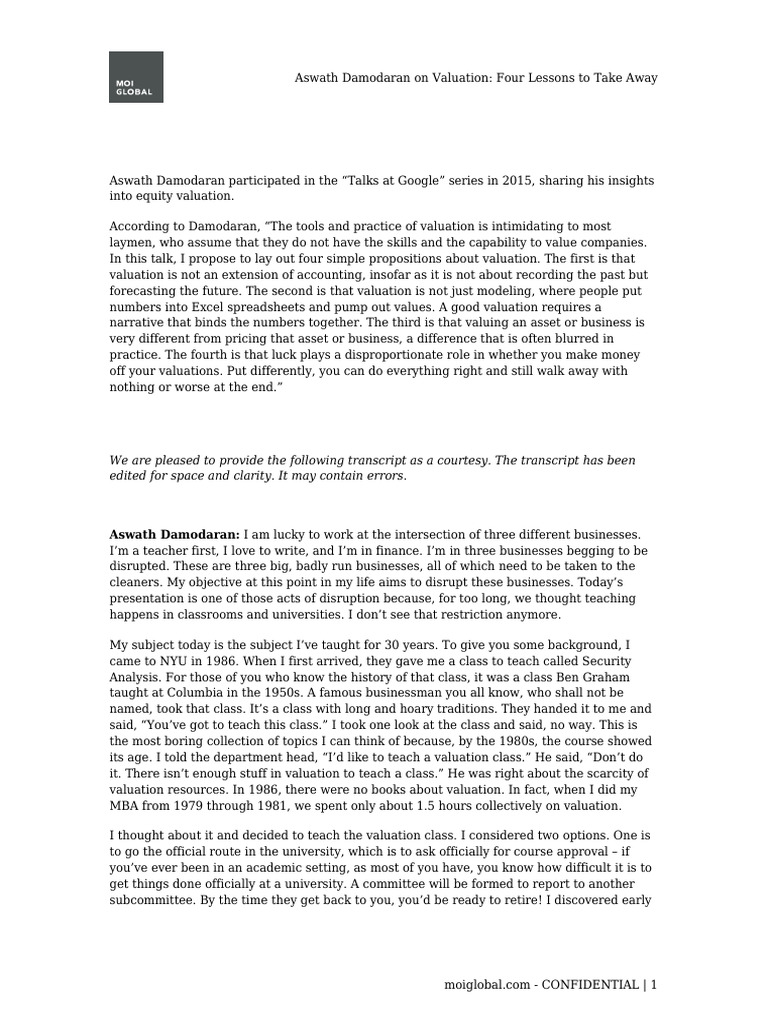 Aswath Damodaran on Valuation_ Four Lessons to Take Away-2 | PDF ...
