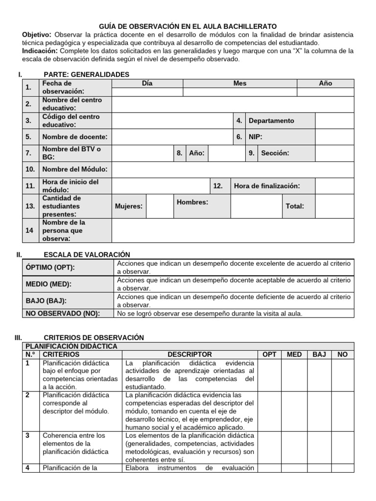 Guía de Observación en El Aula (Bachillerato) | PDF | Maestros | Evaluación