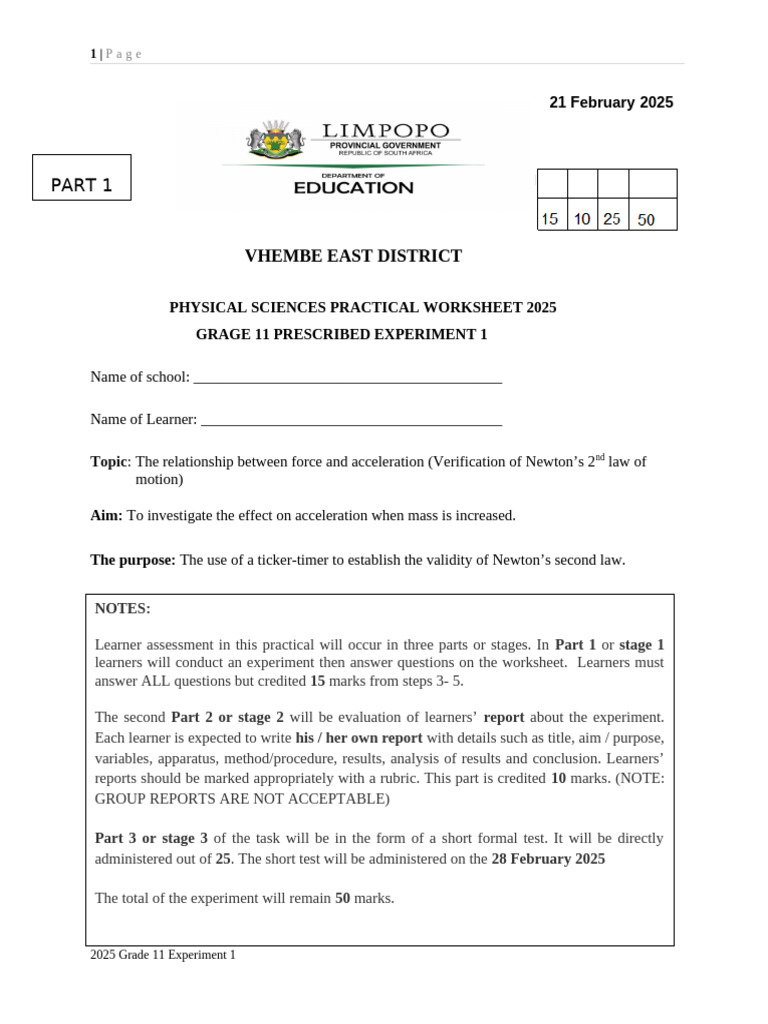 2025 Grade 11 Term 1 Experiment | PDF | Experiment | Velocity