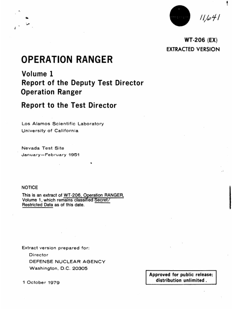 Operation Ranger Volume 1 Report To The Test Director | PDF