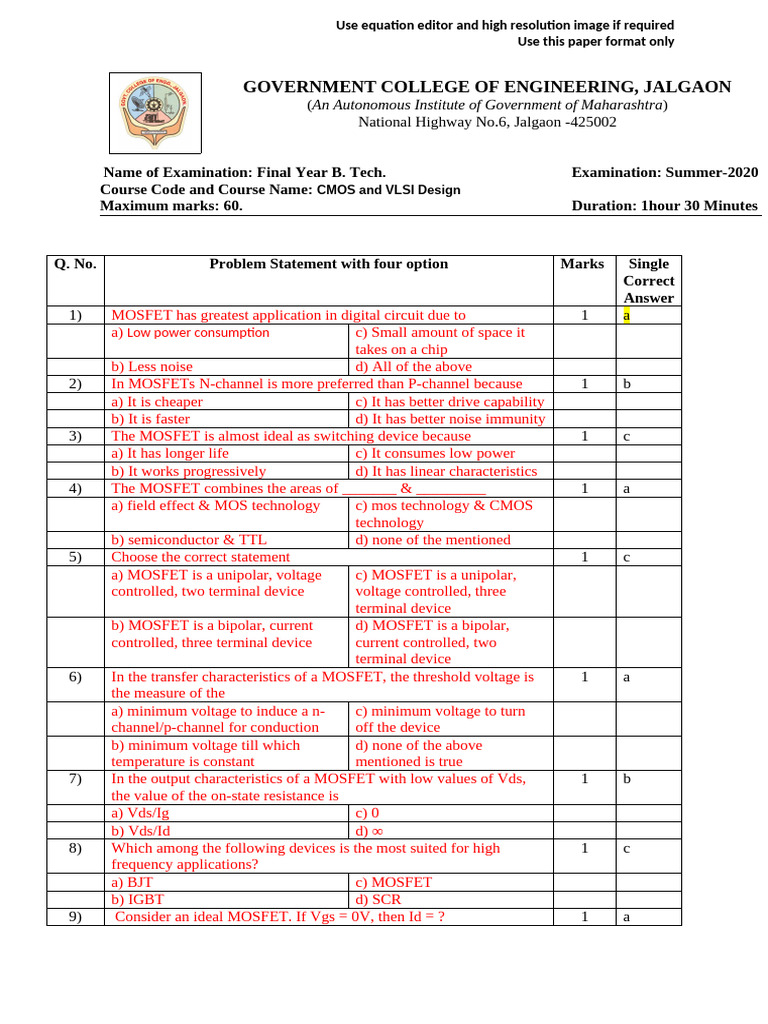 MCQs_Paper_Template | PDF | Amplifier | Mosfet