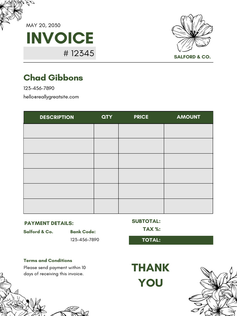 White and Green Illustrative Flower Shop Invoice Receipt - 20250310 ...