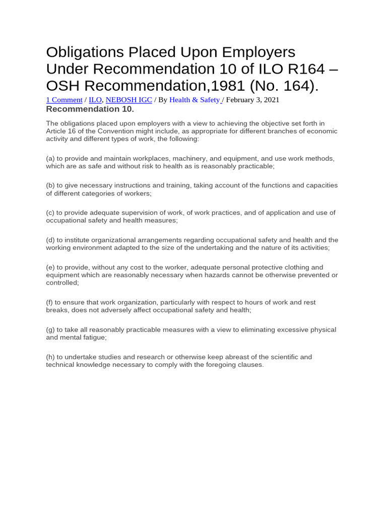 Employer Obligations Under ILO R164 | PDF